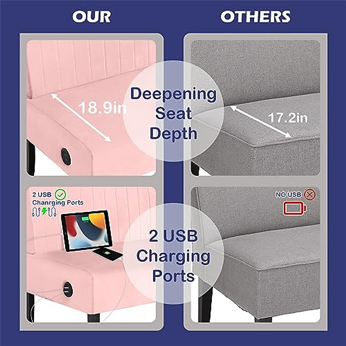 STHOUYN 43" W Mini Small Comfy Couch Armless Loveseat Sofa for Bedroom with USB Port, Velvet Pink Small Couches for Small Spaces Living Room, Apartment Office Dorm (Pink)