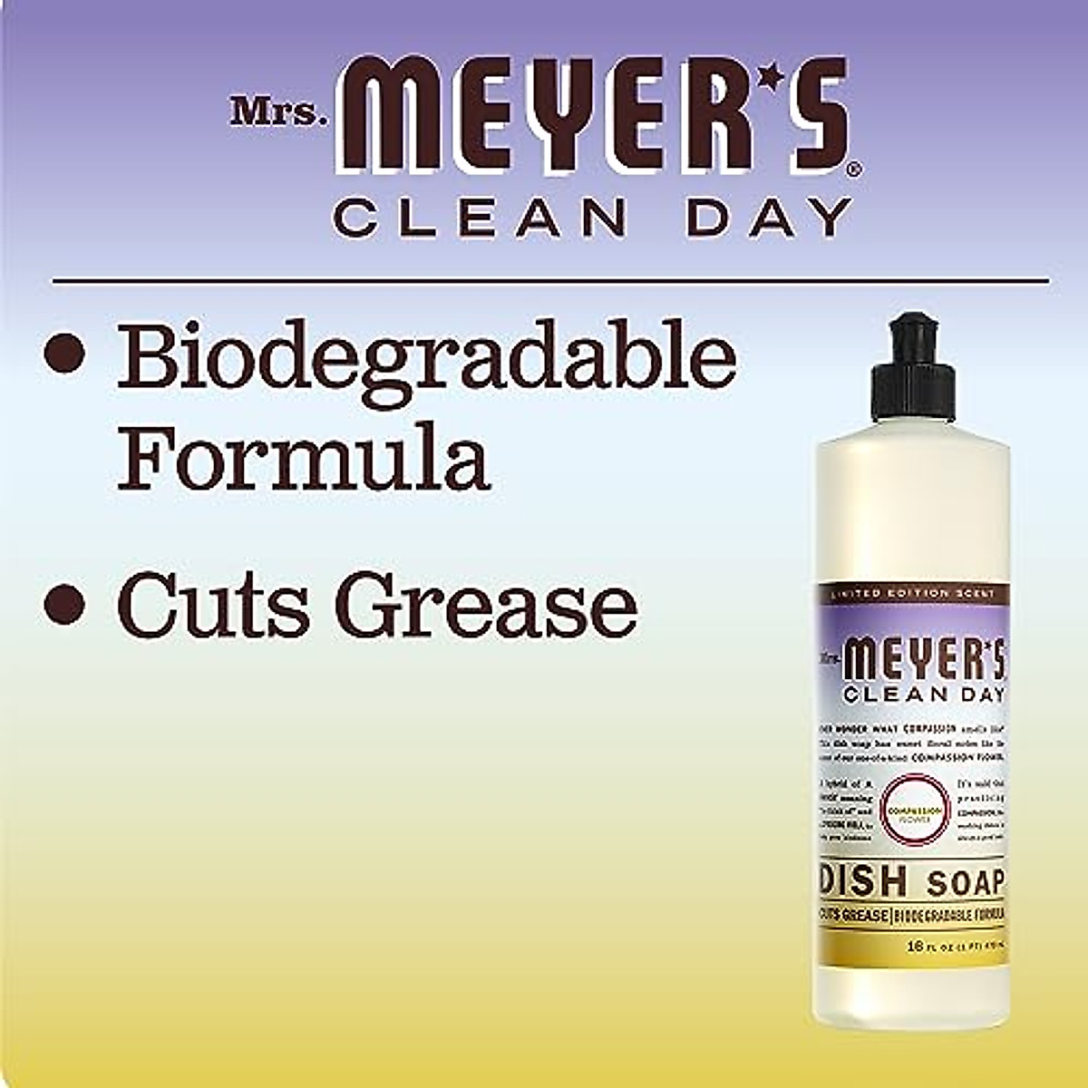 MRS. MEYER'S CLEAN DAY Liquid Dish Soap, Biodegradable Formula, Compassion Flower, 16 fl. oz