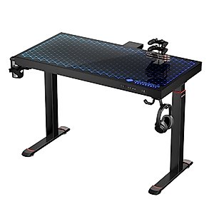 EUREKA ERGONOMIC RGB Glass Gaming Desk, Music Studio Desk, 47 Inch Adjustable Height Computer Desk Music Sensing LED Sit Stand Desk for Home Office Gamer w Dual Motors,USB Ports, APP Control