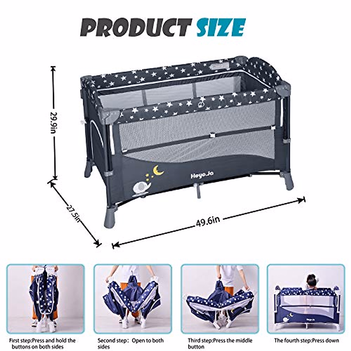 Heyo.Ja Portable Baby Playard, 4 in 1 Convertible Pack and Play with Bassinet, Nursery Center with Comfortable Mattress, 5 Height Adjustable Bedside Crib (Grey)