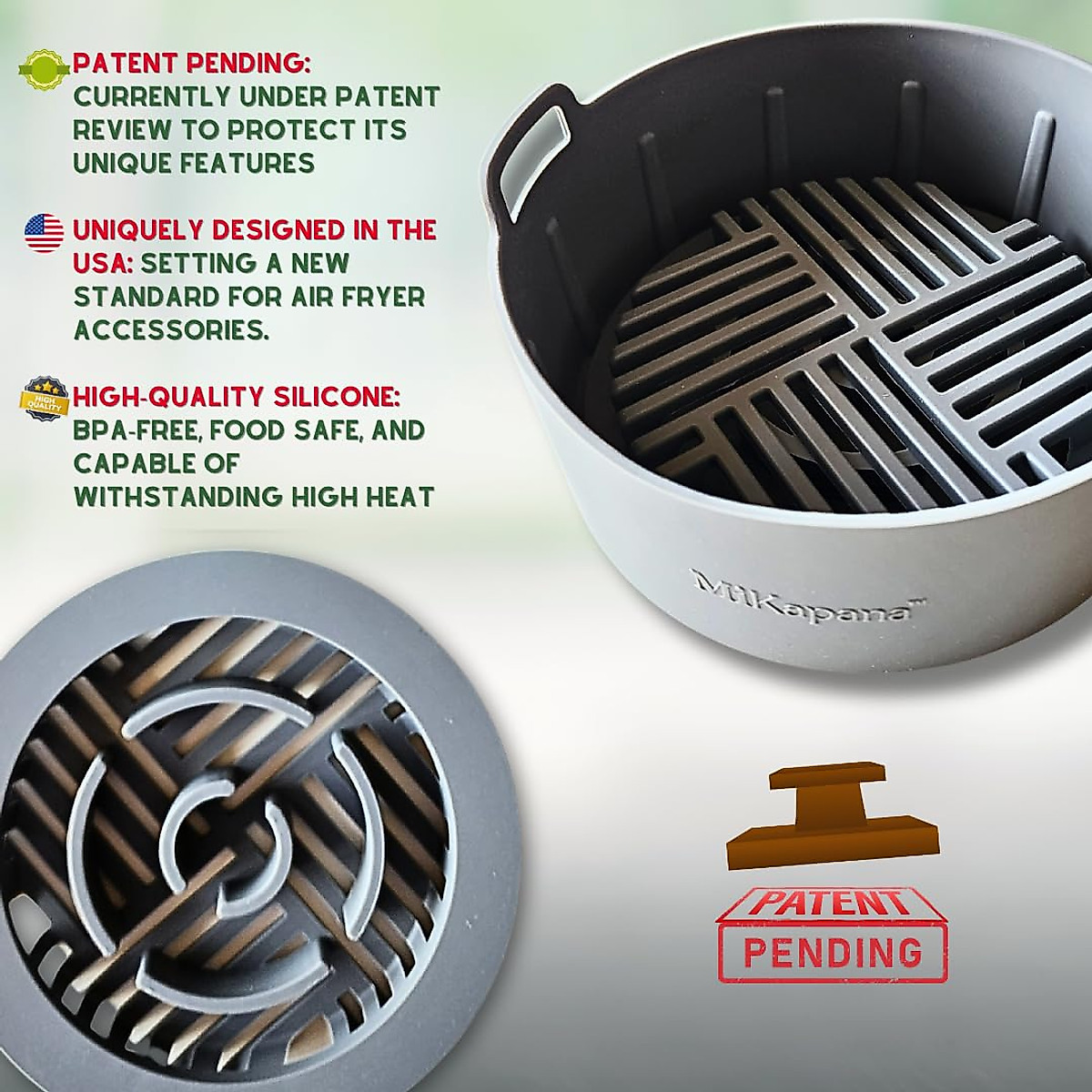 Reusable Silicone Air Fryer Basket – Sturdy Air Fryer Accessory, BPA-Free Silicone Basket Liner (Grey, 7.5")