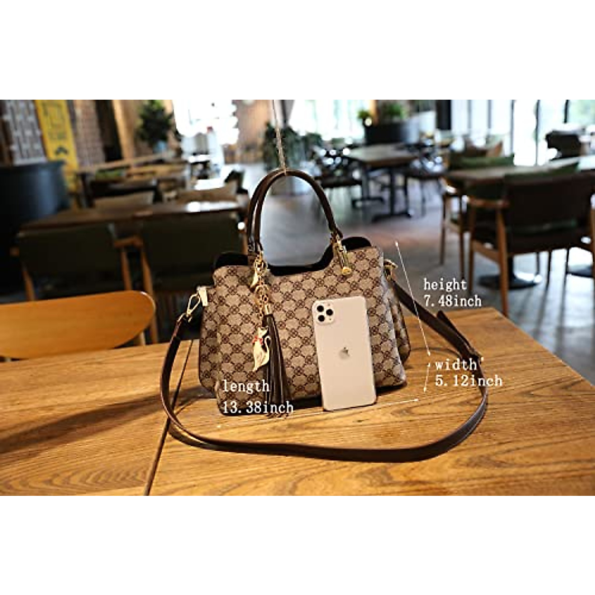 Eightown Beige Tote Bag for Women - Designer Top Handle Bag with Flowers Printing - High-capacity Shoulder Purse with Tassel Pendant(Brown strap)