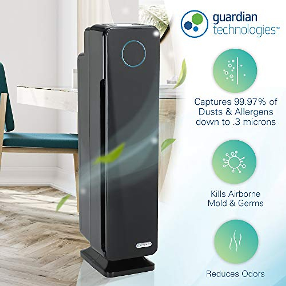 Germ Guardian AC5300B 28” 3-in-1 True HEPA Filter Air Purifier for Home, Large Rooms, UV-C Light Kills Germs, Filters Allergies, Smoke, Dust, Pet Dander, & Odors, 5-Yr Wty, GermGuardian, Black