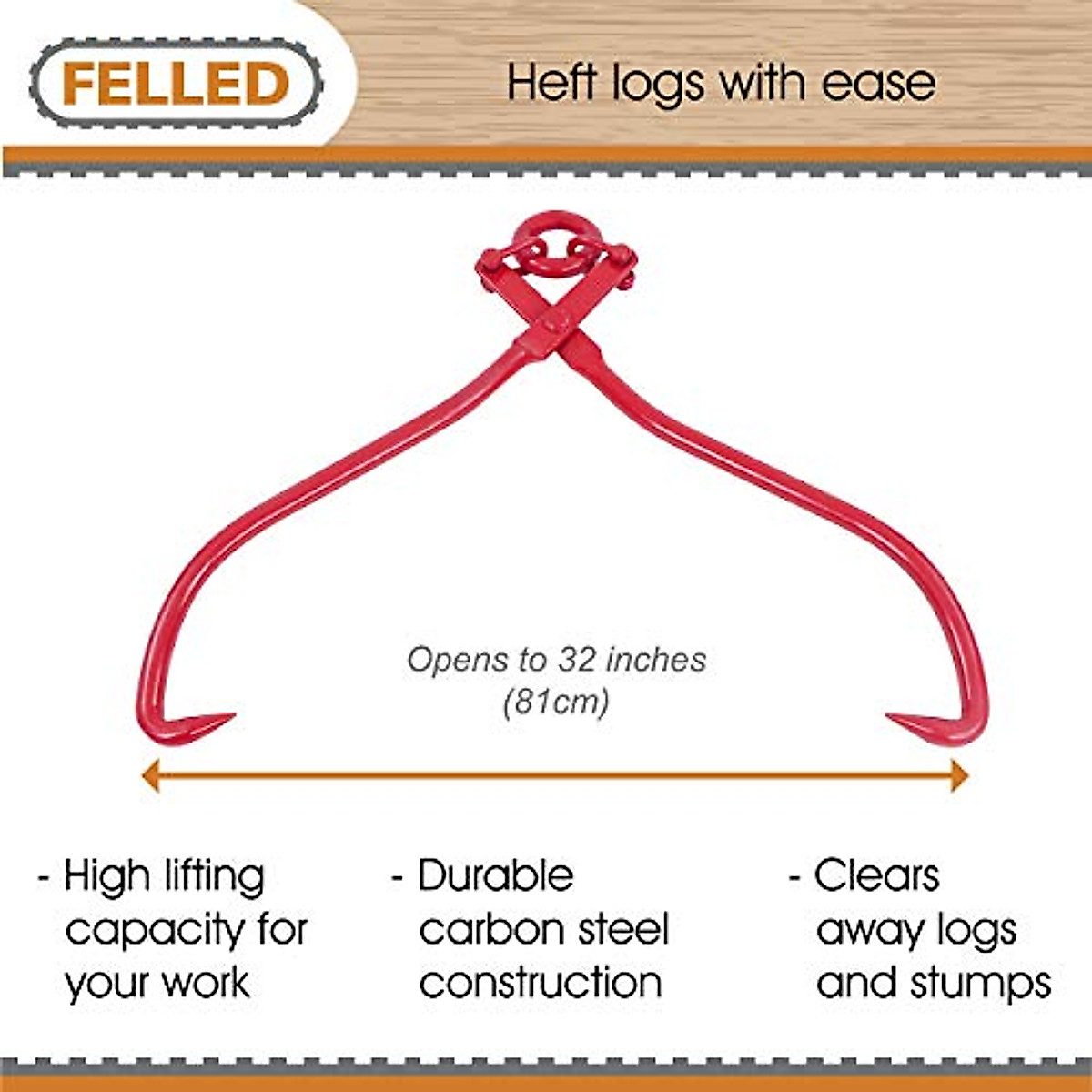 Felled Timber Claw Hook, 32in - Log Lifting Tongs Heavy Duty Grapple Timber Claw, Lumber Skidding Tongs Logging Grabber