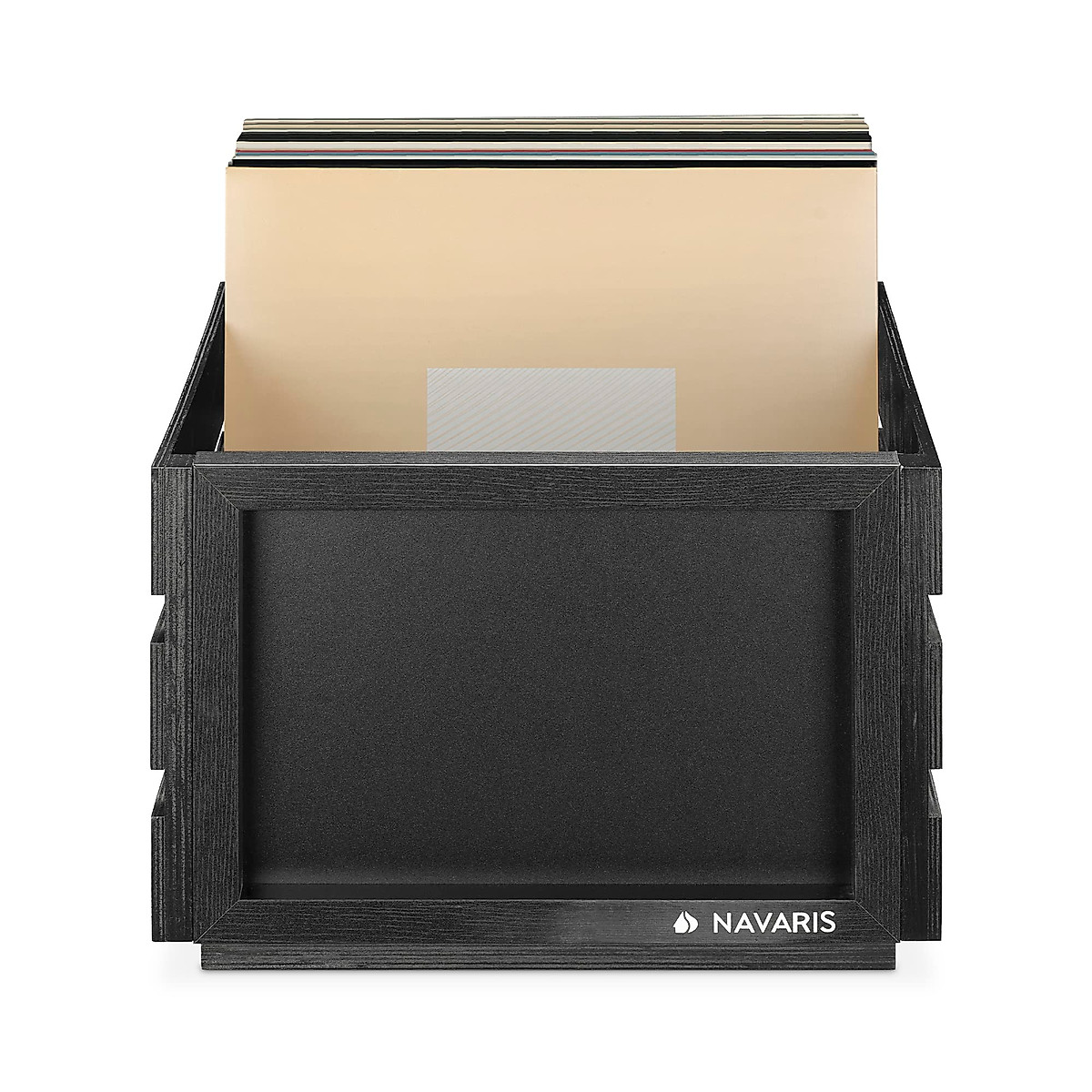 Navaris Wood Record Crate - Vinyl Album Storage Holder Box Wooden Case with Chalkboard Sign Board - Holds up to 80 LP Records - Black