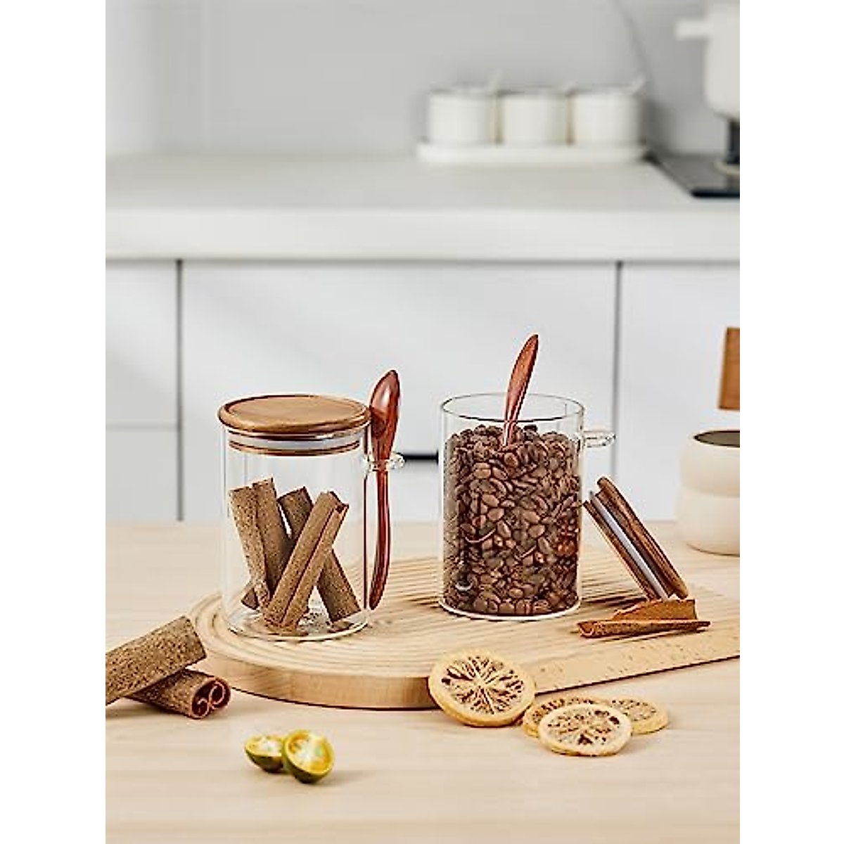 Sweejar Glass Jars with Bamboo Lids and Spoons, Overnight Oats Containers with Lids, Coffee Tea Sugar Yogurt Container Set, 17 ounces, Set of 4(Handle Lid)