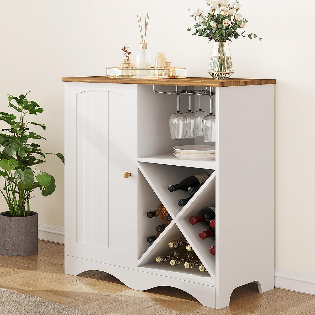 DWVO White Wine Bar Cabinet, 32" Kitchen Coffee Bar Cabinet with 2-Row Glass Holder and 4-Grid Wine Rack, Oak Wood Sideboard Buffet Storage Cabinet for Kitchen, Dining Room