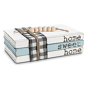 Wooden Rustic Decorative Books with Wood Bead Garland | Farmhouse Coffee Table Decor | Faux Fake Books for Living Room Kitchen End Table & Bookshelf Wall Decorations | Home Sweet Home Sign - Blue