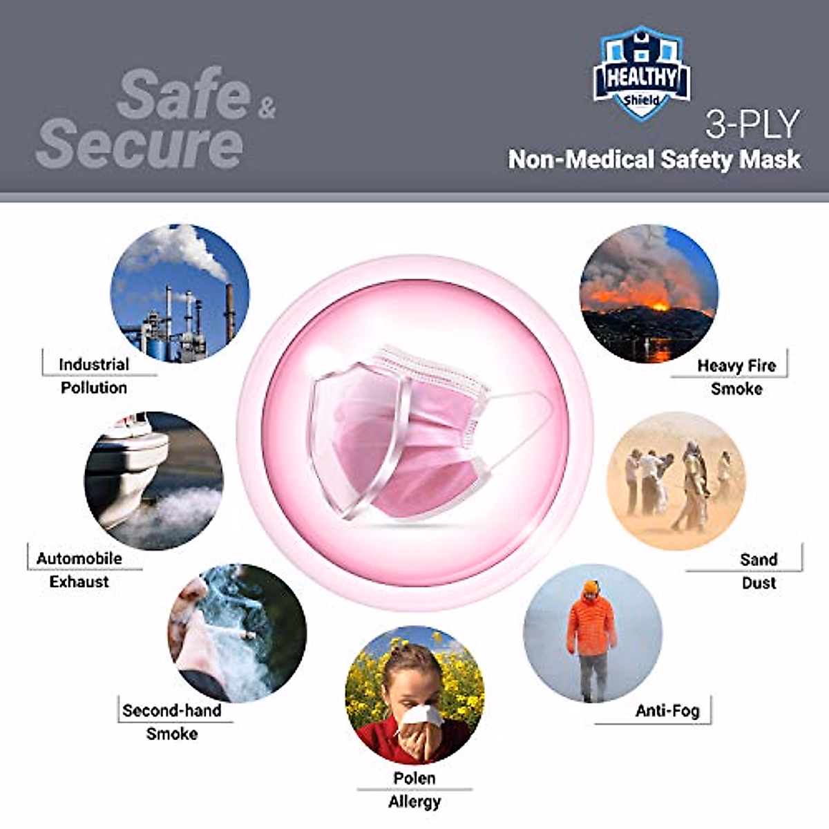 Healthy Shield 50pcs Disposable 3-Ply Safety Face Mask, Comfortable Ear Loop and Breathable, Non-Woven, Mouth Covers, Nose Clip, perfect for Adult, Men, Women, Home, Office, Indoor, Outdoor. - Pink