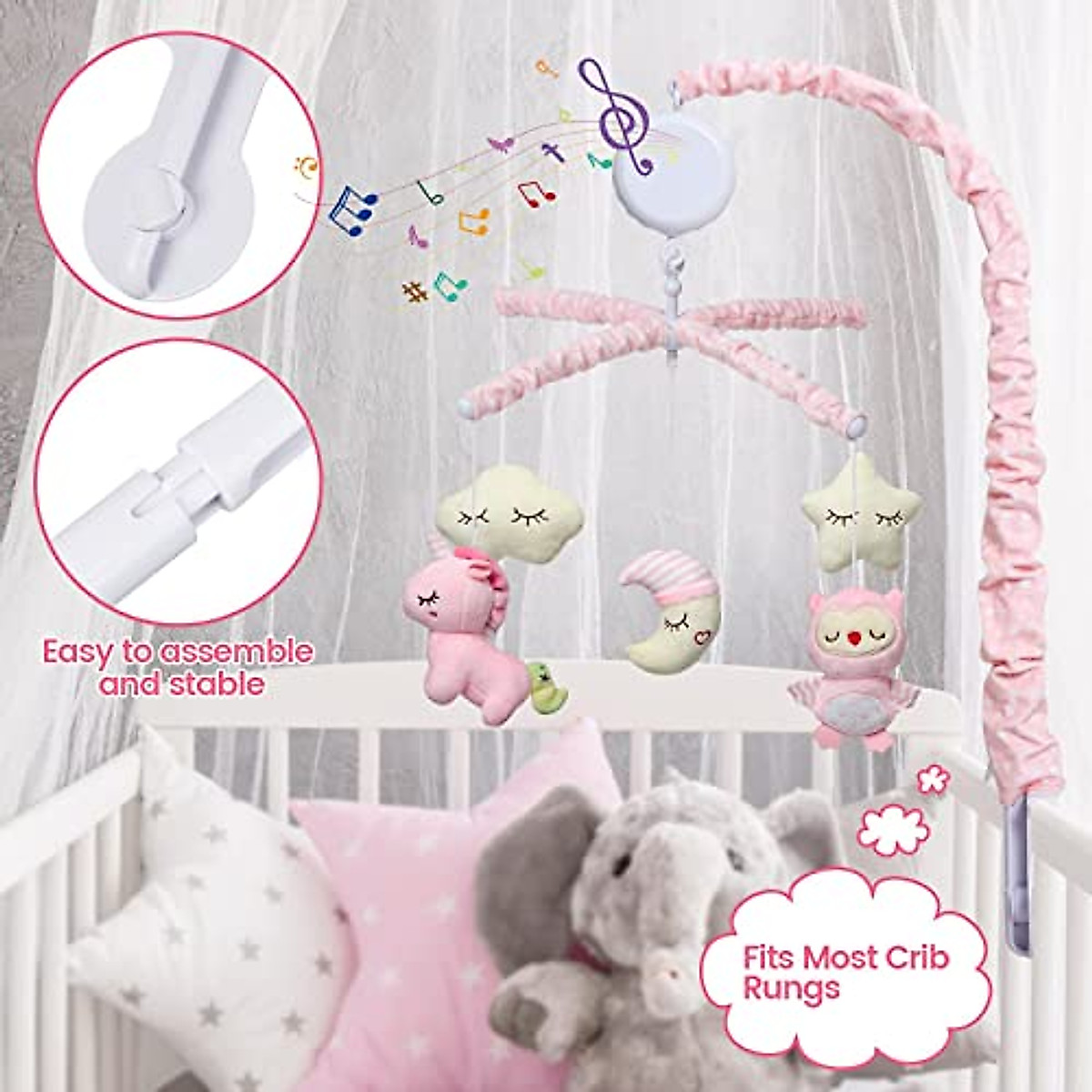 Baby Crib Mobile, Nursery Mobile for Crib with Music Motor Spinner, Musical Crib Toys for Infants 0-6 Months Girls and Boys, Crib Mount Mobiles with 36 lullabies, Pink