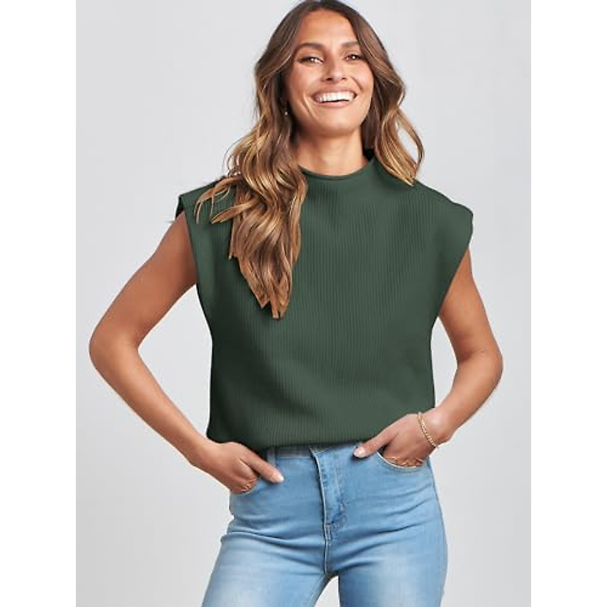 ANRABESS Women's Mock Neck Sleeveless Sweater Vest Casual Cap Sleeve Knit Pullover Tank Tops 2025 Spring Summer Clothes Green-S