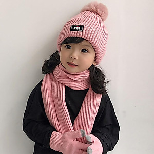 Kids Winter Beanie Hat Scarf Gloves Set, Winter Knit Warm Soft Pom-Pom Beanie Hat for Boys and Girls Outdoor Warm Beige