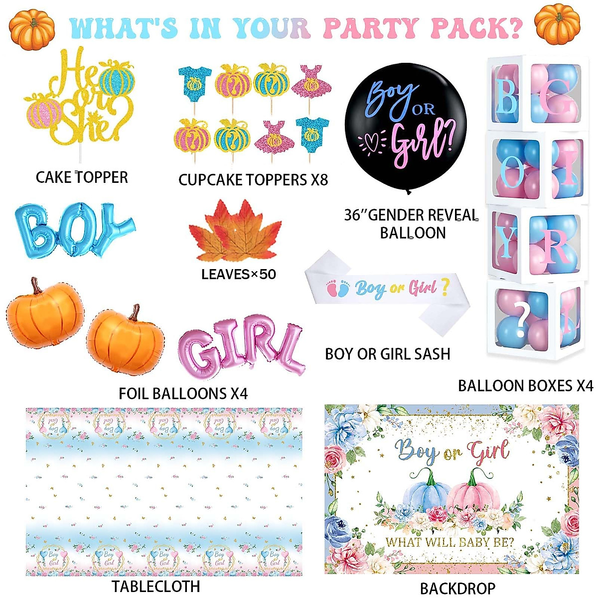 Fiesec Pumpkin Gender Reveal Decorations, Gender Reveal Party Decorations, Thanksgiving Fall Gender Reveal Decor, What Will Baby Be Backdrop Balloon Tablecloth Cake Cupcake Topper Sash Box 171 PCs