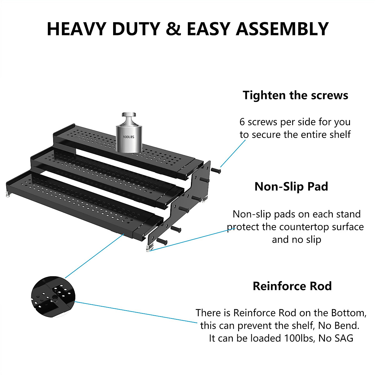 Wobmmi Expandable Spice Rack organizer with 3-Tier step shelf,Modern Design heavy duty,Non Skid and Visibility,Great for Kitchen Cabinet, Pantry and more(1PACK/BLACK)