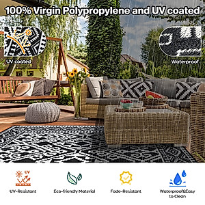 Rugcomf Outdoor Rug 8x10, Outdoor Patio Rug Waterproof for Outside Your Rv, Outside, Camping, Deck, Porch, Balcony, Backyard, Picnic Black and White