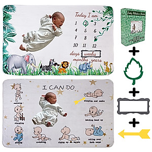 vmaisi Baby Milestone Blanket Gifts - Newborn Boy & Girl Monthly Year Infant Growth Blankets Nursery Swaddling Blankets (Green Animals - Baby, Double Printed)