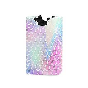 Cute Ocean Mermaid Large Laundry Hamper, Fish Scales Laundry Baskets with Handle, Durable Oxford Storage Basket, Portable Folding Clothes Hamper for Nursery, College Dorm, Bedroon, Bathroom