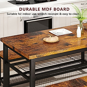 AWQM 43.3" Dining Table Set for 4, Kitchen Dining Table with 2 Benches, Dining Room Table Set with Metal Frame & Storage Rack for Kitchen, Restaurant, Rustic Brown