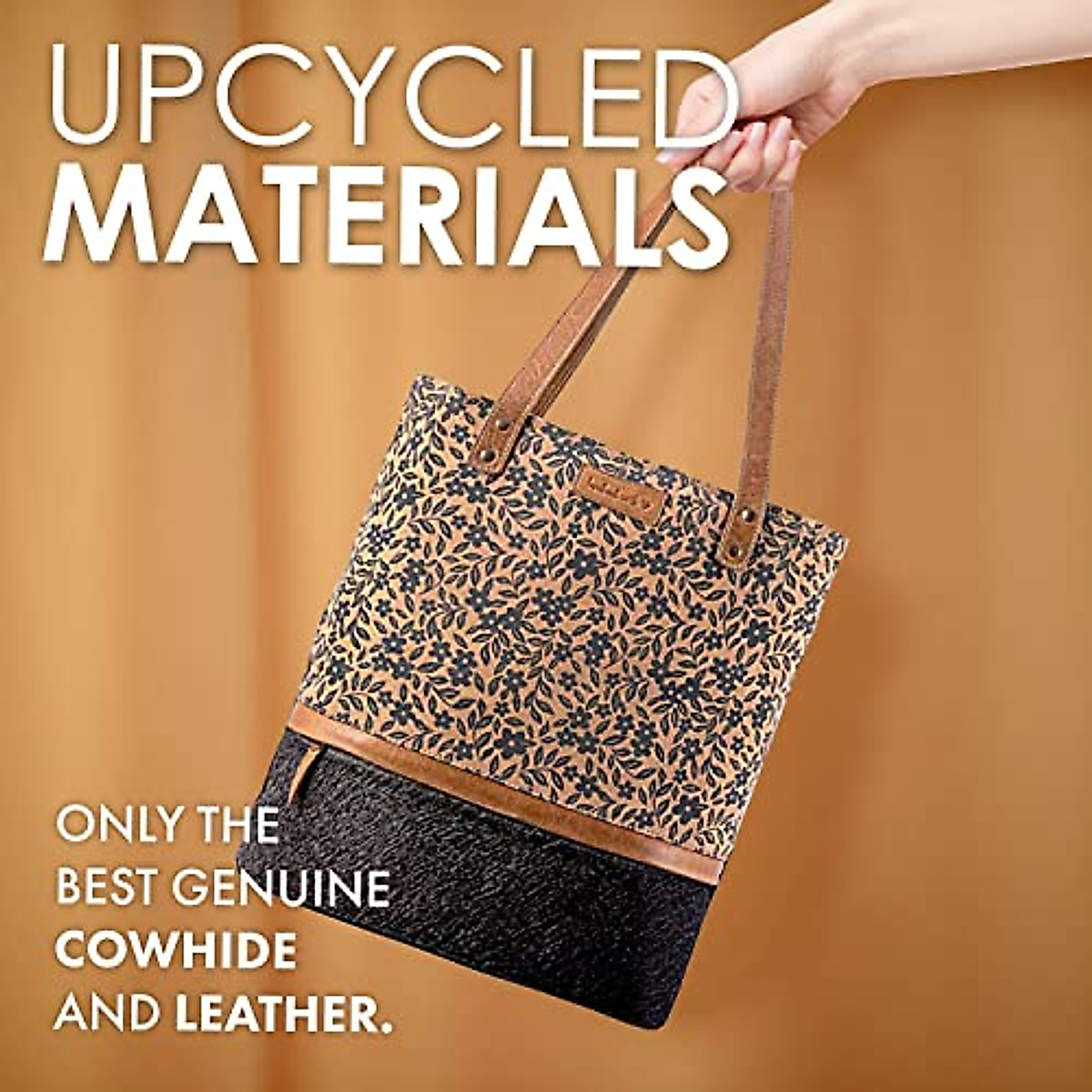 Tote Bags for Women by Sixtease - Large Tote Bag with Zipper Top - Genuine Leather Strap, Upcycled Canvas, Rug, Hair On and Hardware Accents - Vintage Style Hand Stitched - Efflorescence