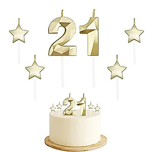 21st & 12th Birthday Candles for Cake - Number 21 & 12 Birthday Candles and Glitter Star Birthday Candles 2 Inch 3D Diamond Shape Number Candles for Birthday Party Anniversary Kids Adults(Gold)