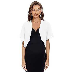 Women Soft Chiffon Shrug Sheer Ruffle Short Sleeve Cropped Bolero Cardigan for Dress(White,M)