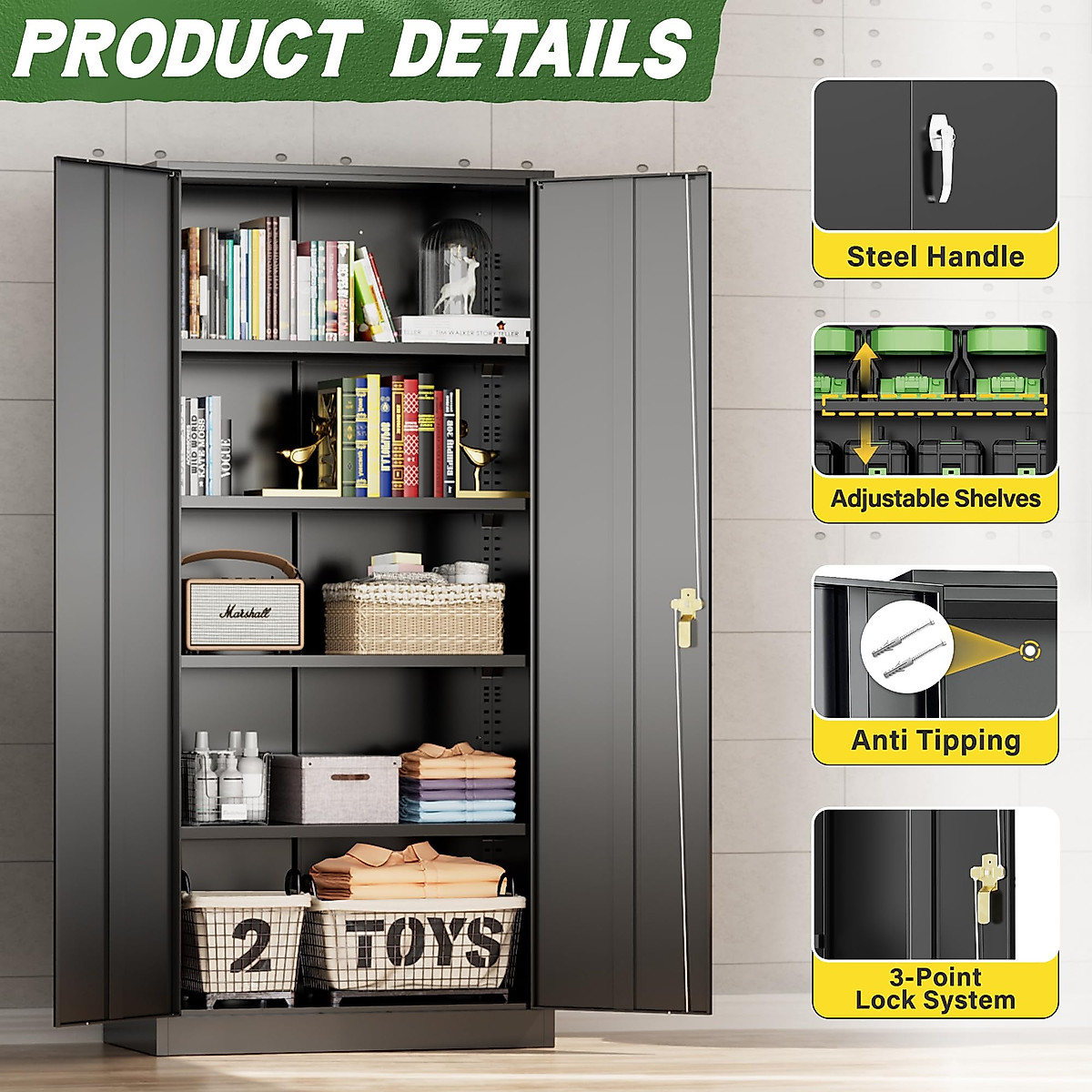 Greenvelly Metal Storage Cabinet, 72" x 32" x 16", Black Metal Cabinet with 2 Doors and 4 Adjustable Shelves, Locking Cabinet for Garage, Office, Home