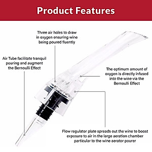 Skyway Wine Aerator Pourer Spout Premium Professional Quality - Instant Aerating No Spill Drip Spout - Enhanced Rich Finish and Improved Flavor - Fits Any Wine Bottle