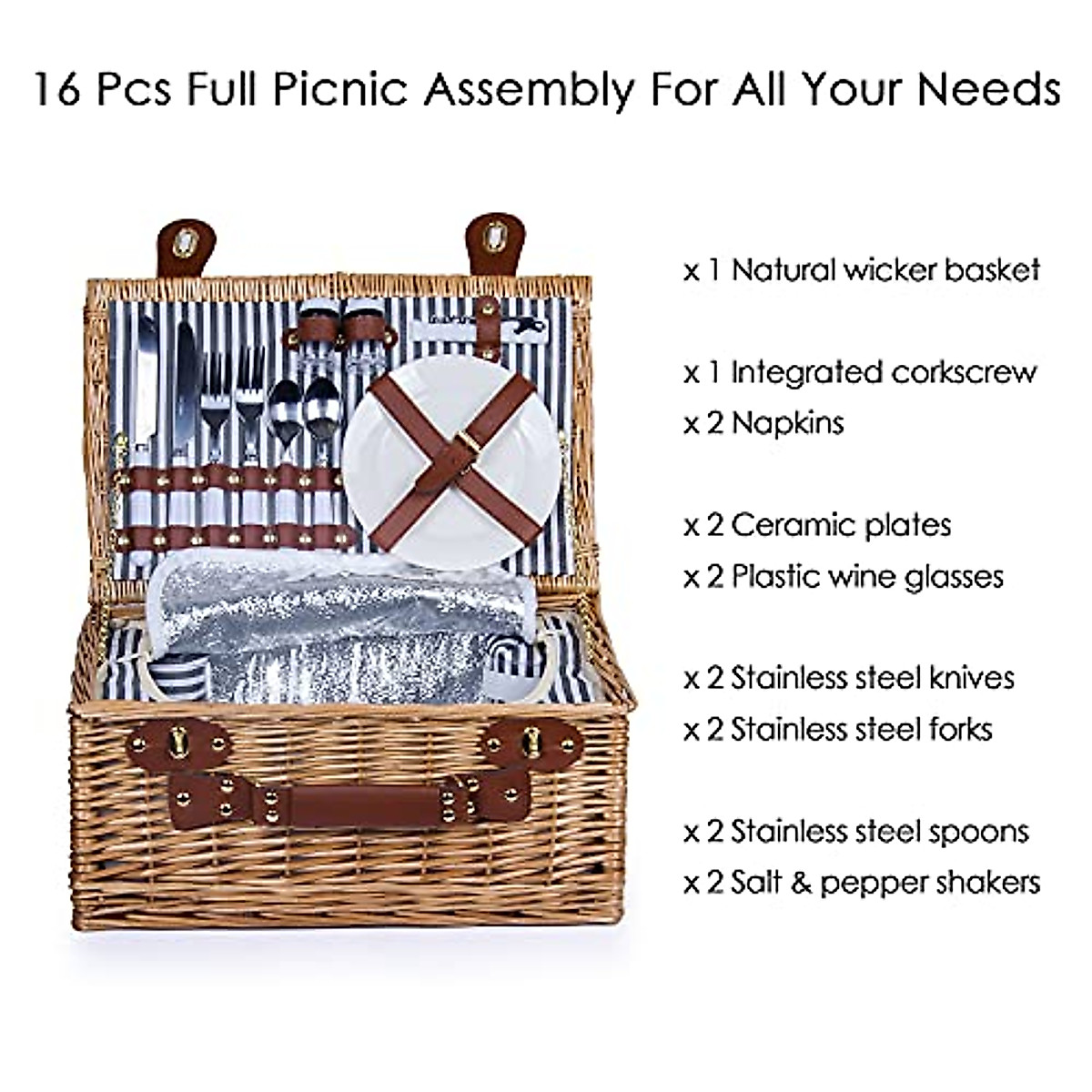 SatisInside Picnic Basket for 2 Wicker Picnic Set with Insulated Liner for Camping,Wedding,Valentine Day,Gift - Reinforced Handle, Grey Stripes