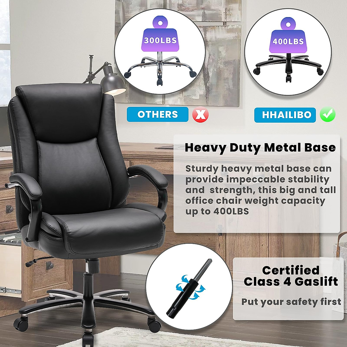 H HAILIBO Office Chair, High Back Big and Tall 400lbs Executive Desk Chair, Bonded Leather Ergonomic Computer Chair with Armrest, Adjustable Height and Swivel Wheels, Black