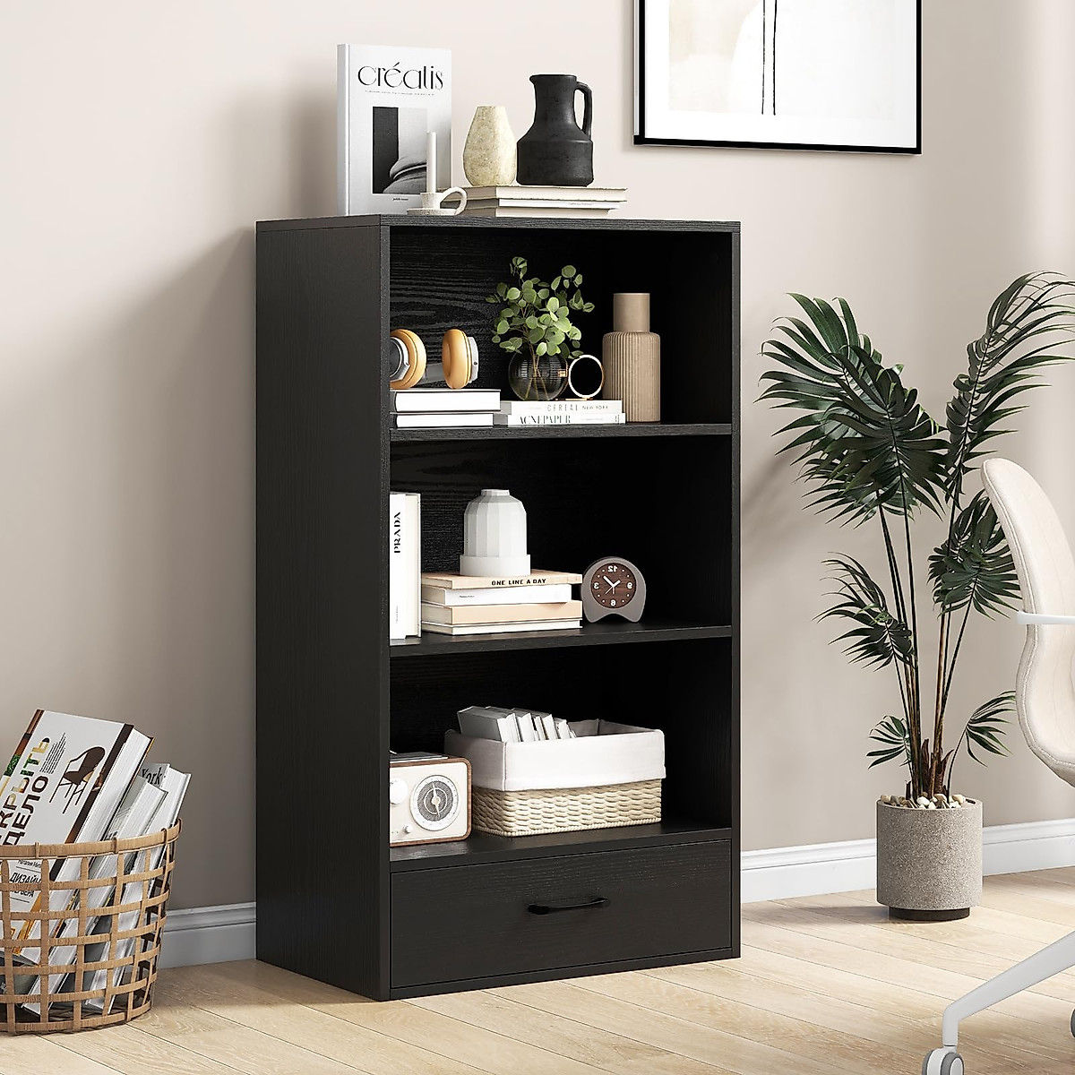 LOKO 4-Tier Bookcase with Storage Drawer, Modern Organizer Display Storage Shelves with Anti-toppling Device, Freestanding Bookshelf with 3 Open Shelves & 1 Drawer, Living Room, Study, Office (Black)
