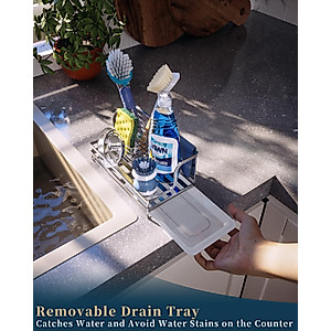 Consumest Sink Caddy, 5-in-1 Sponge Holder Kitchen Sink Caddy Organizer with Removable Drain Tray for Countertop, 304 Stainless Steel Soap Sponge and Dish Brush Holder - Silver (8.43×4.49×4.49 inches)