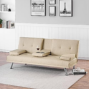 JCSTEU 67" Leather Sofa Bed with Cup Holder, Folding Sleeper Loveseat Couch with Adjustable Backrests, Convertible Loveseat Sofa for Living Room, Apartment,600 LBS Support (Beige)