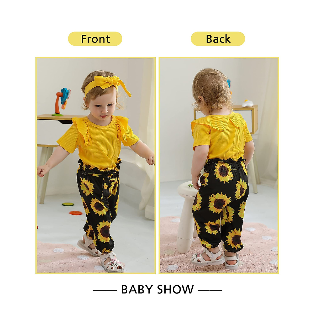 veikimous Infant Baby Girl Clothes Baby Girl Sunflower Outfits Ruffle Romper Long Floral Pants Cute Baby Clothes Girl Yellow 3-6 Months