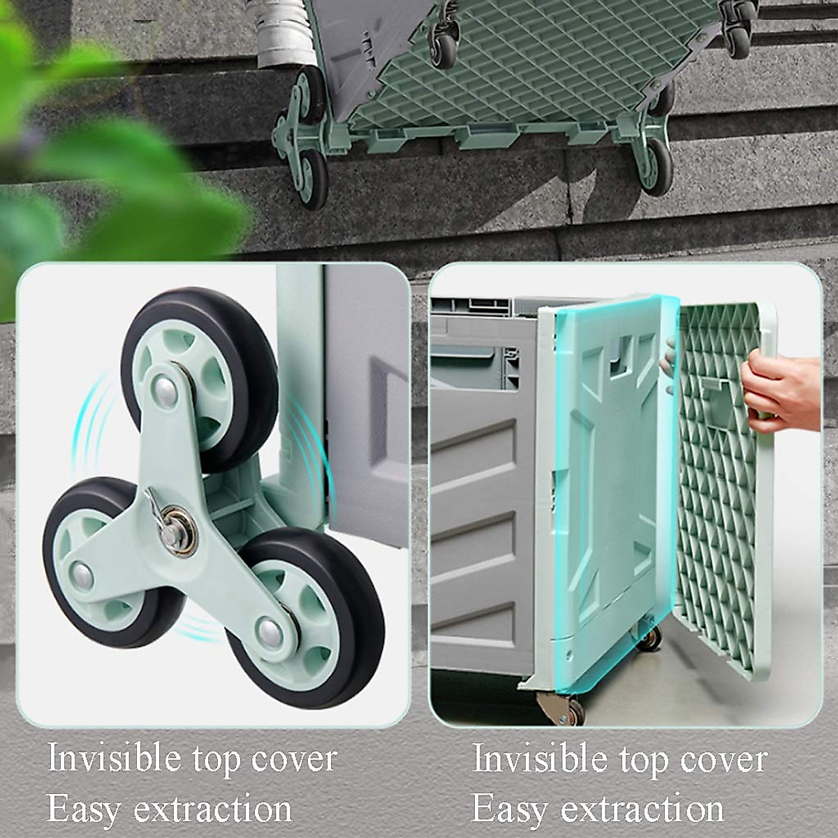 GXYAWPJ Mint Green Folding Cart on Wheels with Lid Cover Utility Shopping with Rolling Swivel Wheels for Stairs Large Capacity Retractable Hand Cart (Size : B)