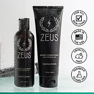 ZEUS Beard Wash & Beard Conditioner Set with Green Tea for Men, Soften, Hydrates & Moisturizes - MADE IN USA (Sandalwood)