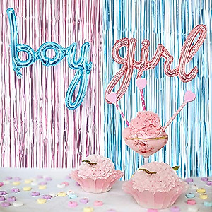 Gender Reveal Decoration Set - Metallic Fringe Curtains + BOY Girl Foil Balloons Gender Reveals Party Photo Backdrop (Pink/Blue)