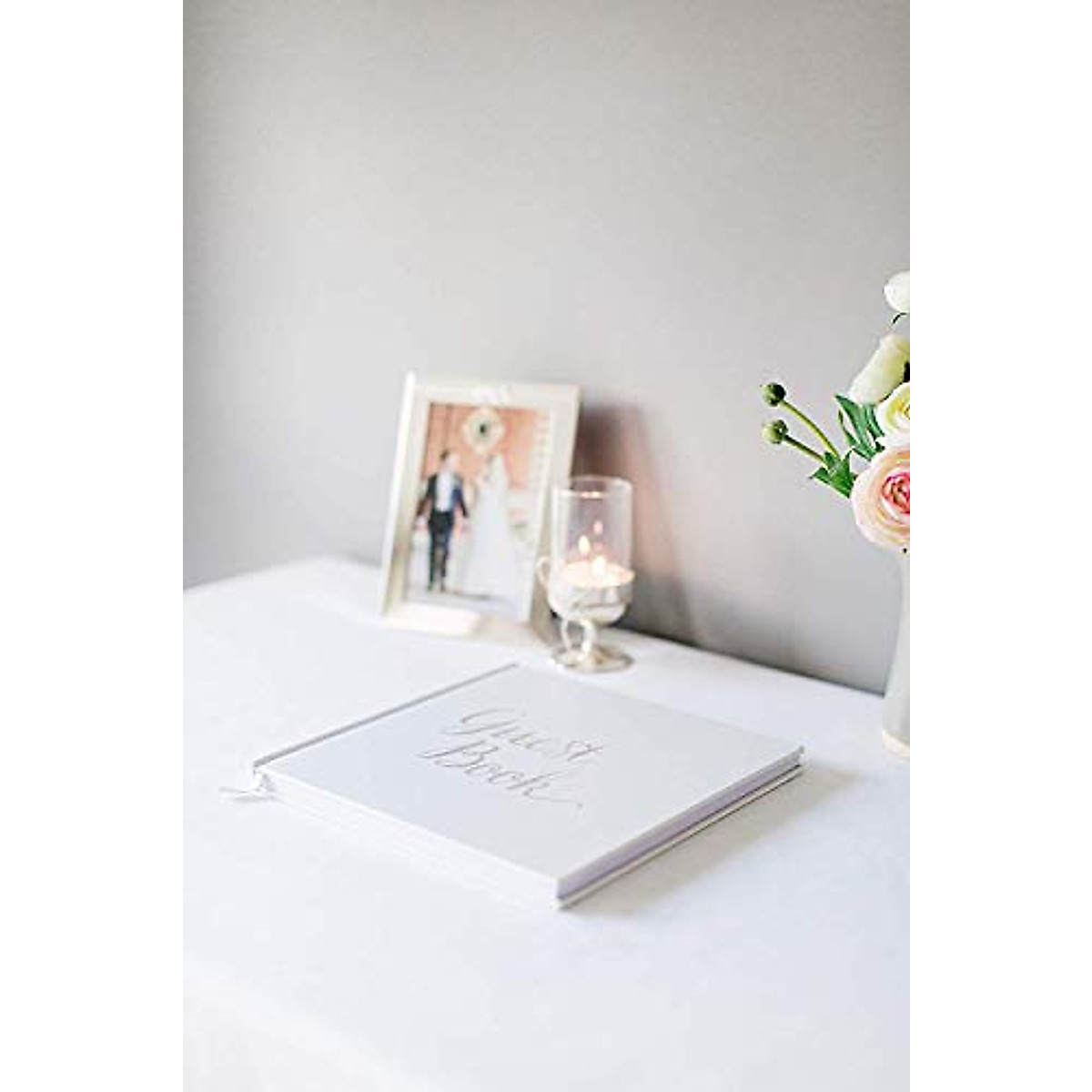 Wedding Guest Book Silver Guestbook - Blank NO Lines - Memory Signature Message Book - Birthday Engagement Party - White Paper Ribbon & Foil Stamping - Thick Paper 32 Page/64 Side Square