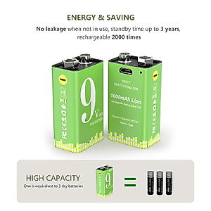 9V Rechargeable Battery Pack,2-Pack 1000mAh Li-ion USB Battery with Micro USB Port for Alarms Fire, Multimeters,Wireless Microphones,Smoke Detectors,Toys,Flashlights,Guitar,Keyboard,Metal detectors