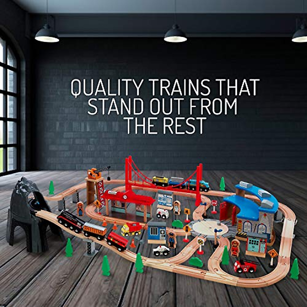 Maxim 100 pc Mountain Wooden Train Set with Roundhouse for Toddler with Double-Side Train Tracks Fits Brio, Thomas, Melissa and Doug, Kids Wood Toy Train for 3,4,5 Year Old Boys and Girls