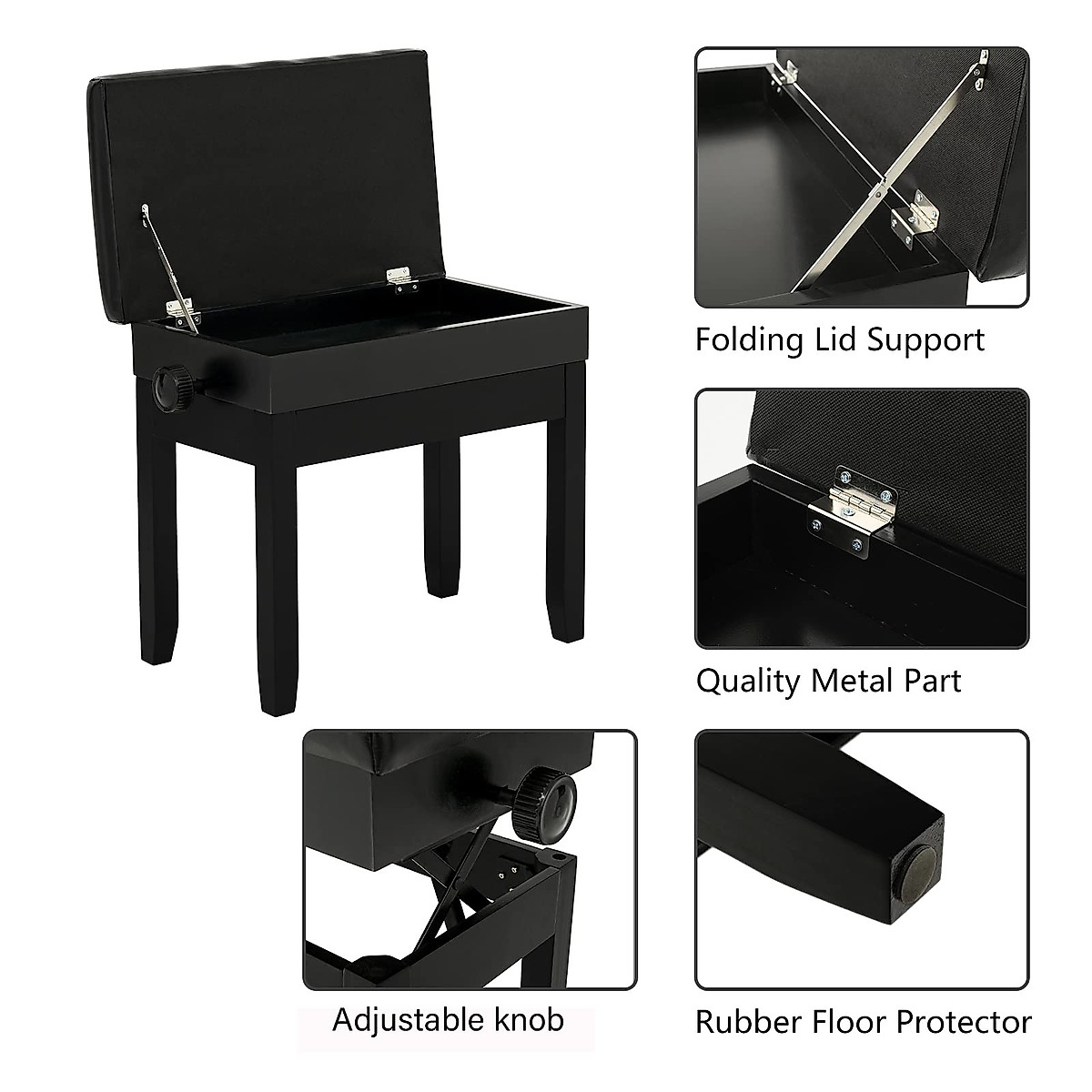 Iwell Piano Bench, Adjustable Piano Bench with Padded Cushion and Storage Compartment for Music Sheet, Music Bench, Piano Stool, Vanity Chair, Black
