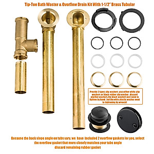 Artiwell 1-1/2" Brass Tubular Bath Drain Kit with Tip-Toe Bath Drain Stopper, Touch-Toe Tub Drain, Tip Toe Bathtub Drain Waste and Overflow with Plug and Bathtub Overflow Drain Cover, Matte Black