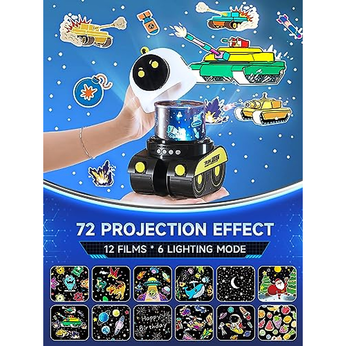 PIKOY Robot Night Light for Kids【12 Films】 Kids Night Light Projector,Bluetooth Music Baby Night Lights for Kids Room, 360° Rotation Rechargable Planets Star Projector Planetarium Projector Lamp