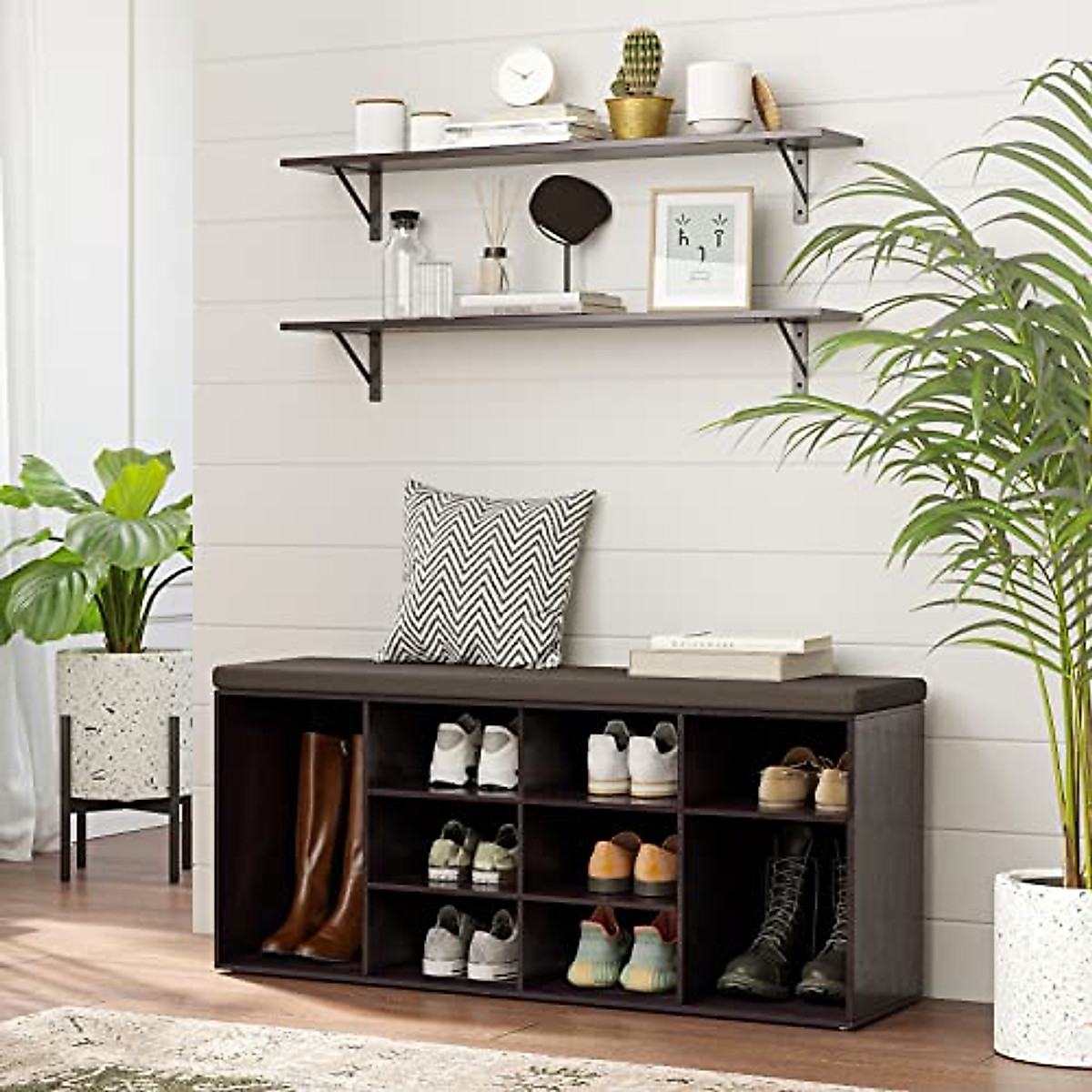 DINZI LVJ Long Wall Shelves, 31.5 Inch Wall Mounted Shelves Set of 2, Easy-to-Install, Wall Storage Ledges with Sturdy Metal Brackets for Living Room, Bathroom, Bedroom, Kitchen, Espresso