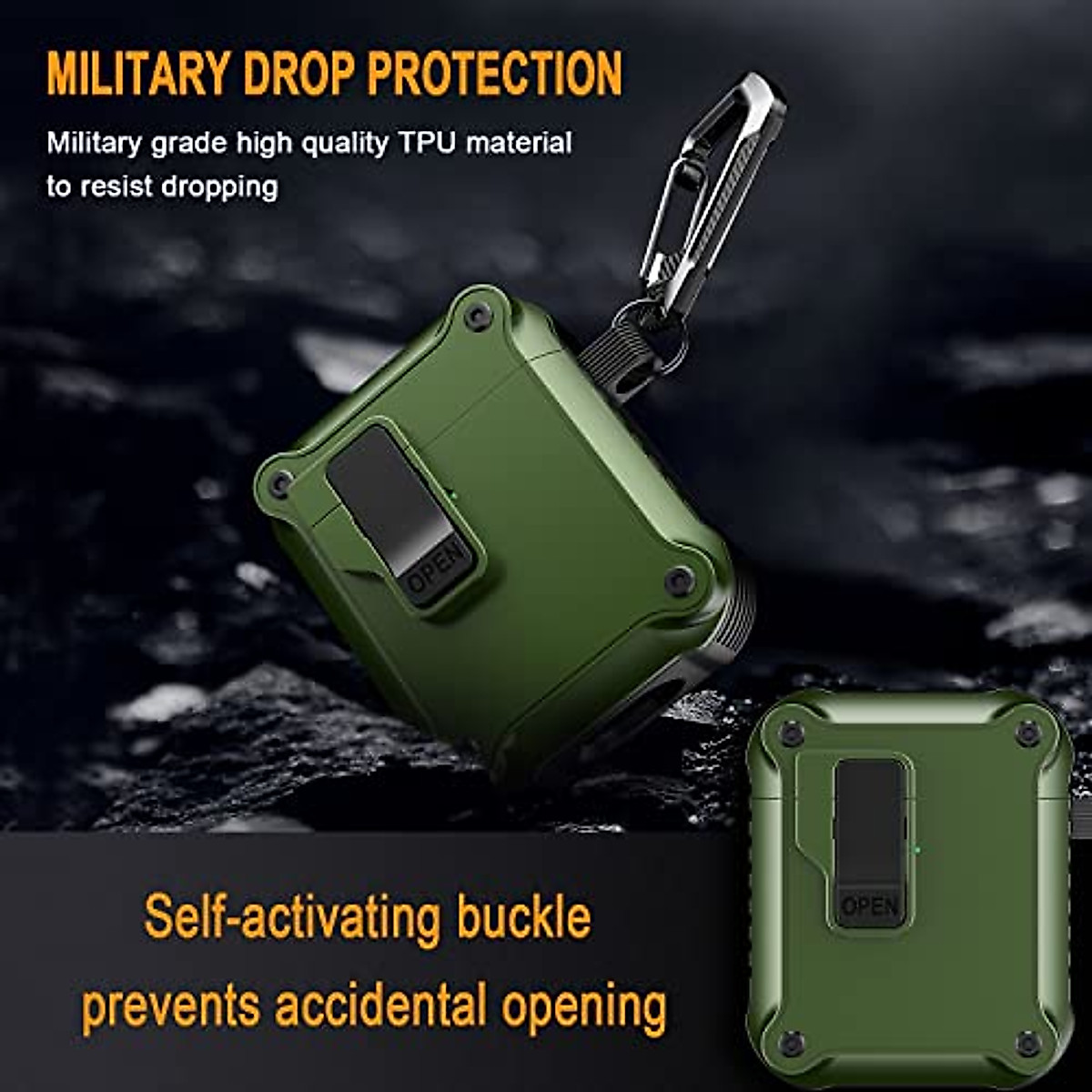 R-fun AirPods 2nd Generation & 1st Generation with Automatic Secure Lock Clip, Hard Shell Full-Body Protective for Women Men with Apple AirPods Wireless Charging Case,Front LED Visible-Black Green