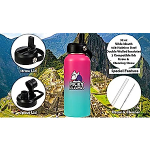 Picky Llama Stainless Steel Vacuum Insulated Water Bottle (Pink Turquoise Llama, 32 oz)
