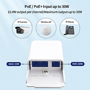 CENTROPOWER Passive 2 Port POE Extender Outdoor ，IP65 Waterproof PoE Passthrough Switch，10/100Mbps，(30W) IEEE 802.3af / 802.3at，1 Input Port and 2 Output Ports，PoE Amplifier