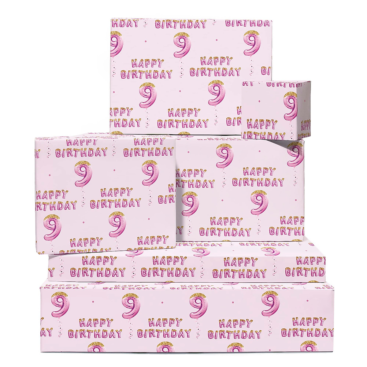 CENTRAL 23 Happy Birthday Wrapping Paper - 9 Year Old - 6 Sheets Pink Wrapping Paper - Girls Birthday Wrapping Paper - Comes With Stickers - Recyclable