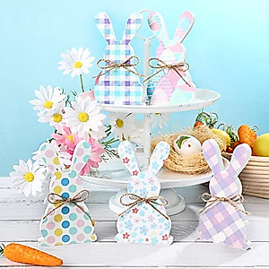 5 Pcs Easter Bunny Table Wooden Signs Buffalo Plaid Spring Bunny Centerpiece Tabletop Rabbit Easter Party Wood Ornament Reversible Dining Room Double Printed Freestanding Table Decor with Rope