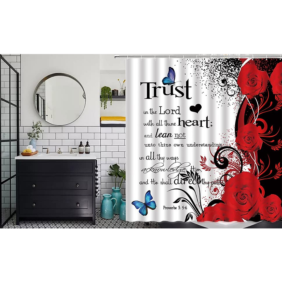 Inspirational Quote Bath Mat Red Rose Flower Butterfly Trust in The Lord with All Thine Heart Abstract Floral Art Bathroom Rug Decor