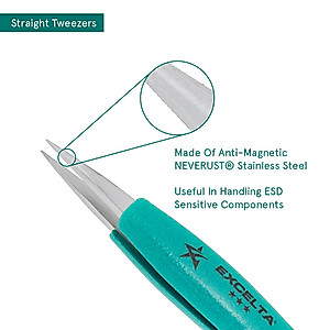 Excelta Tweezer, Straight Strong Tip Tweezers, Stainless Steel, Anti-Magnetic, Ergo-Grips, 5” Overall Length